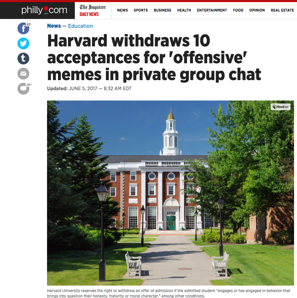 Harvard rescinds acceptances as a result of private chat messages